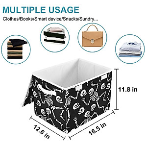 CaTaKu Skull Black Storage Bins with Lids,Halloween Fabric Large Storage Container Cube Basket with Handle Decorative Storage Boxes for Organizing Clothes Shelves