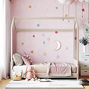 DEYOBED Twin Size Velvet House Bed, Wooden Floor Bed with Upholstered Headboard and Footboard w/Strips, Wood Bed with Roof for Kids, Boys and Girls, Beige