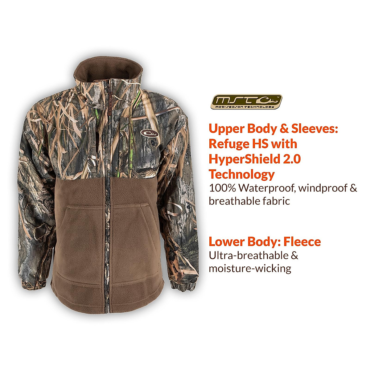 DRAKE Unisex Youth's MST Eqwader Warm Moisture-Wicking Fleece Lined Waterproof Windproof Breathable Full-Zip Outdoor Jacket, Mossy Oak Shadow Grass Habitat, 10