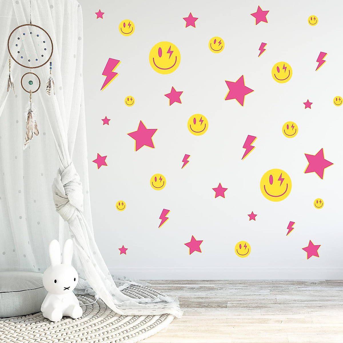 Whaline 156Pcs Preppy Wall Stickers Lightning Bolt Smile Star Wall Decals Pink Room Mural Thunder Stickers Aesthetic Vinyl Wall Decals for Party Home Nursery Decor, 7.9 x 11.8 Inch, 12 Sheets