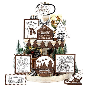 Dandat Christmas Tiered Tray Decor Winter Tiered Tray Decorations Set Snowman Snowflake Gnome Truck Wooden Signs Farmhouse Christmas Table Decorations for Home Table Shelf(Xmas Tree)