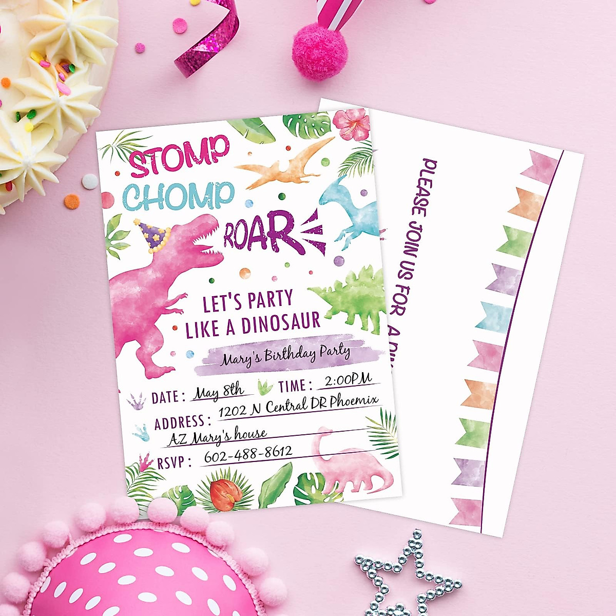 WERNNSAI 20 Sets Watercolor Dinosaur Party Invitation with Envelopes - Fill-in Invitations Cards for Girls Dinosaur Birthday Party Supplies Baby Shower Invites Double-Sided Printed T-Rex Cards