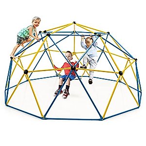 GLACER 10 FT Climbing Dome, Indoor & Outdoor Geometric Dome Climber with Swing, 800 lbs Weight Capacity, Easy Assembly Playground Jungle Gym for Kids Aged 3-10 Years Old, Blue + Yellow