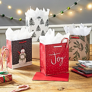 Hallmark 6" Small Holiday Gift Bags (8 Bags: Winter Foliage, Rustic Snowman, "Joy" on Red, Black and White Trees) for Gift Cards, Winter Wedding Party Favors, Teacher Presents