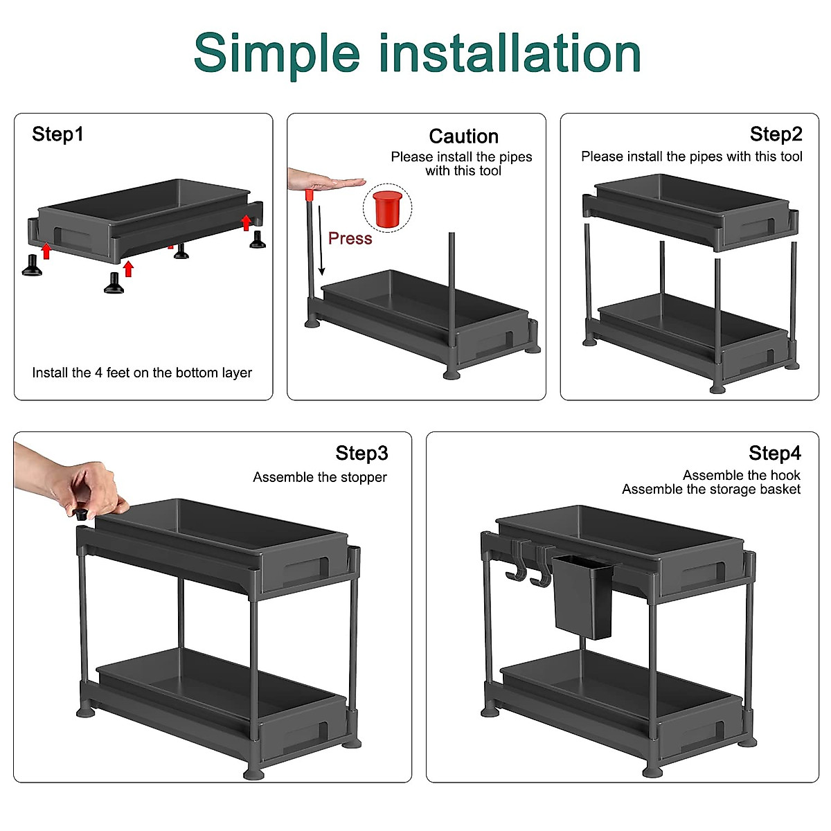 LBW 2 Packs Under Sink Organizer and Storage, 2 Tier Sliding Bathroom Cabinet Organizers Multi-Purpose Kitchen Organization and Storage，Drawer Pantry Organizer with Hooks,Black (Pack of 2)