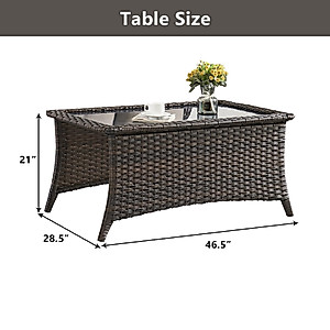 Belord Outdoor Coffee Table with Tempered Glass Top, Patio Rectangular Brown Wicker Table, Handwoven Rattan Coffee Table Compatible with Patio Furniture Sets for Porch Deck Backyard