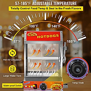 VEVOR Hot Dog Steamer, 27L/24.52Qt, 2-Tier Hut Steamer for 175 Hot Dogs & 40 Buns, Electric Bun Warmer Cooker with Tempered Glass Slide Doors Partition Plate Food Clip PTFE Tape, Stainless Steel