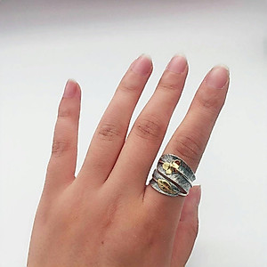 Two Tone 925 Sterling Silver Feather Ring with Golden Butterfly Leaf for Women Men Open Adjustable