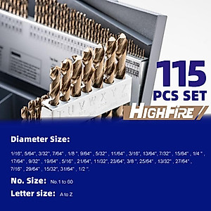 HIGHFIRE 115 PCS HSS Cobalt Drill Bit Set, Twist Jobber Drill Bits Set, 135-Degree Split Point, Fractional 1/16"-1/2", Letter A - Z, Wire #1 - #60 with Metal Indexed Storage Case