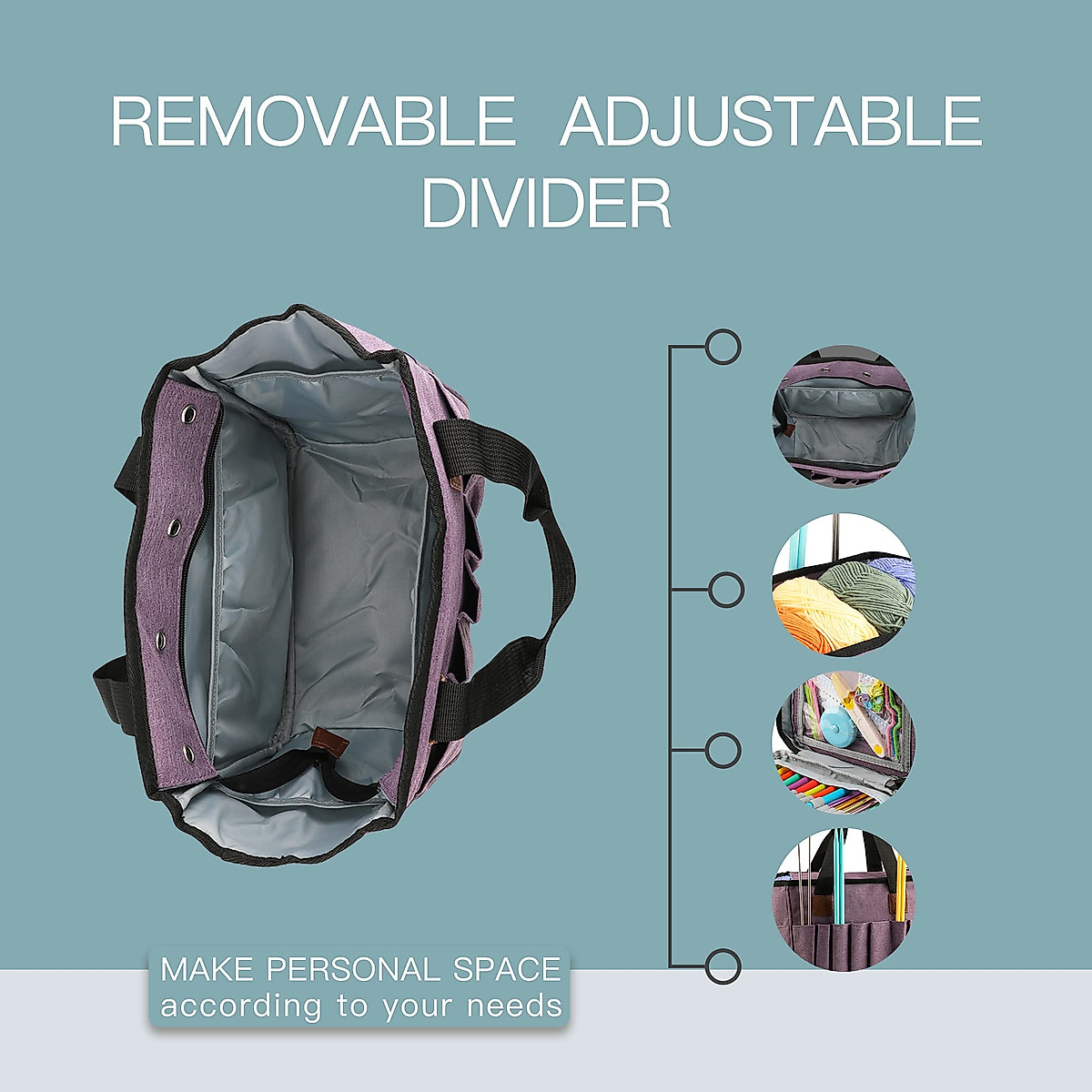 LOOEN Yarn Knitting Storage Tote-Large Capacity Crochet Organizer Portable Travel Bag with Shoulder Strap Crochet Hooks Case for Unfinished Bulk Project Purple