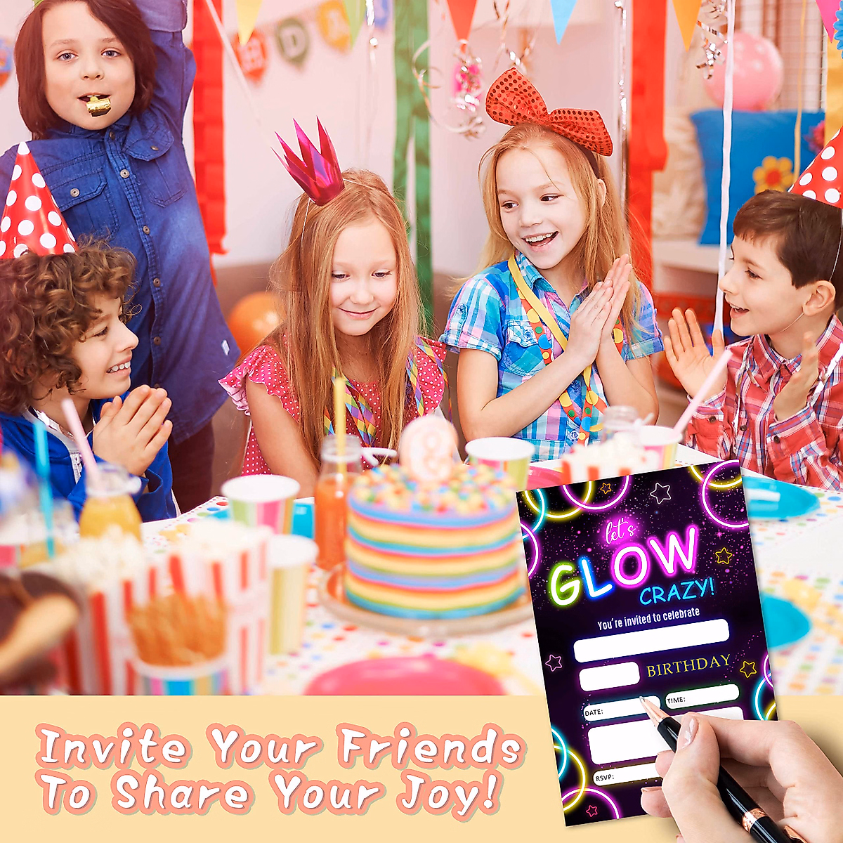 DETIHO 4" x 6" Glow Theme Birthday Party Invitation Cards With Envelopes - Let's Glow Crazy - Neon Party Invitation - 20 Sets - E22