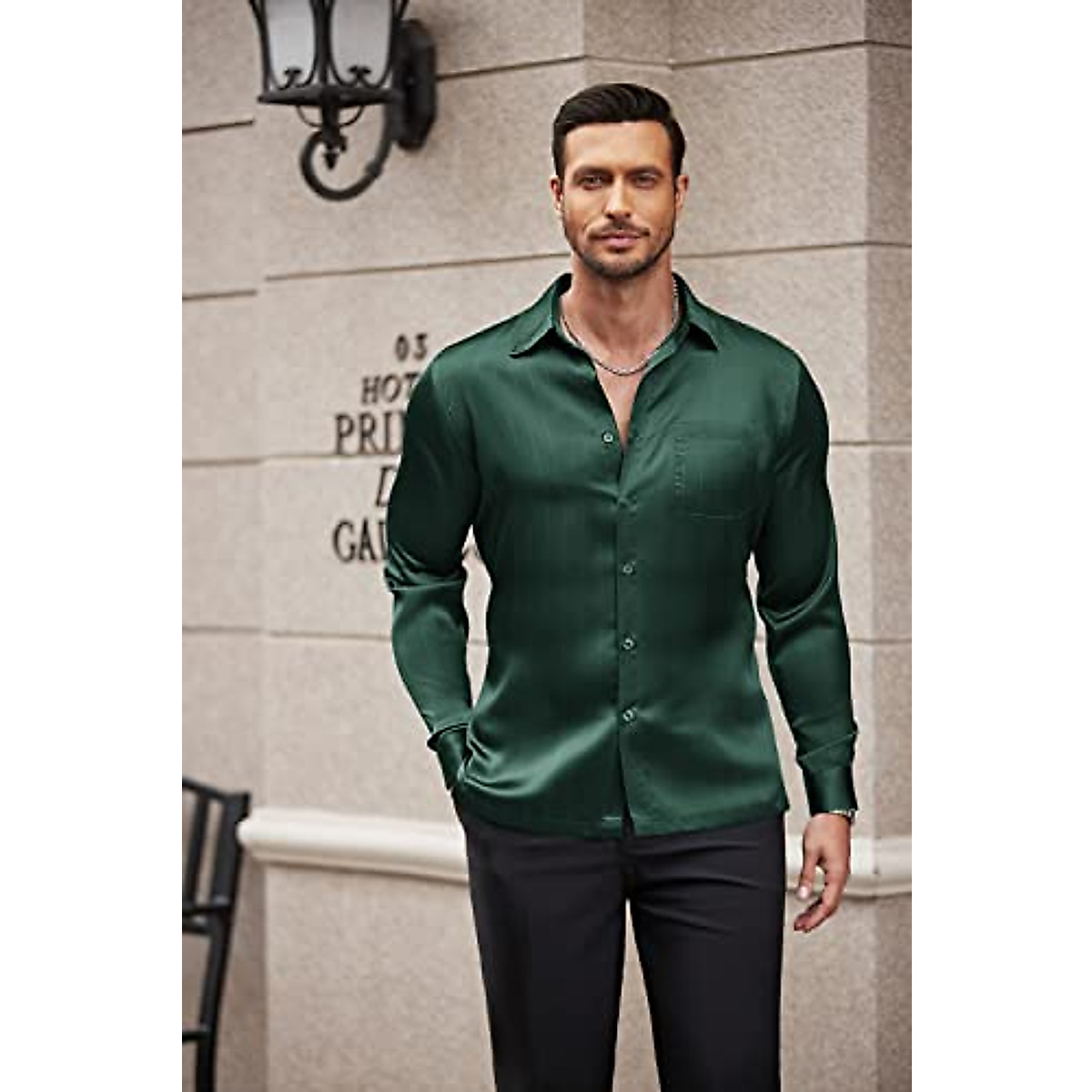 COOFANDY Men's Luxury Dress Shirts Long Sleeve Satin Silk Like Button Down Shirt Party Weddding Prom Army Green, Medium