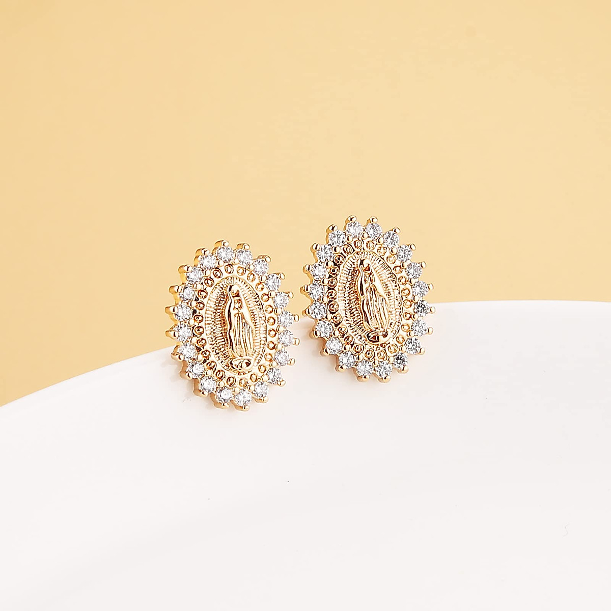 HZMAN 14K Gold Plated Virgin Mary Stud Earrings Hypoallergenic Cubic Zirconia Our Lady of Guadalupe Stud Earring for Women Jewelry Gift