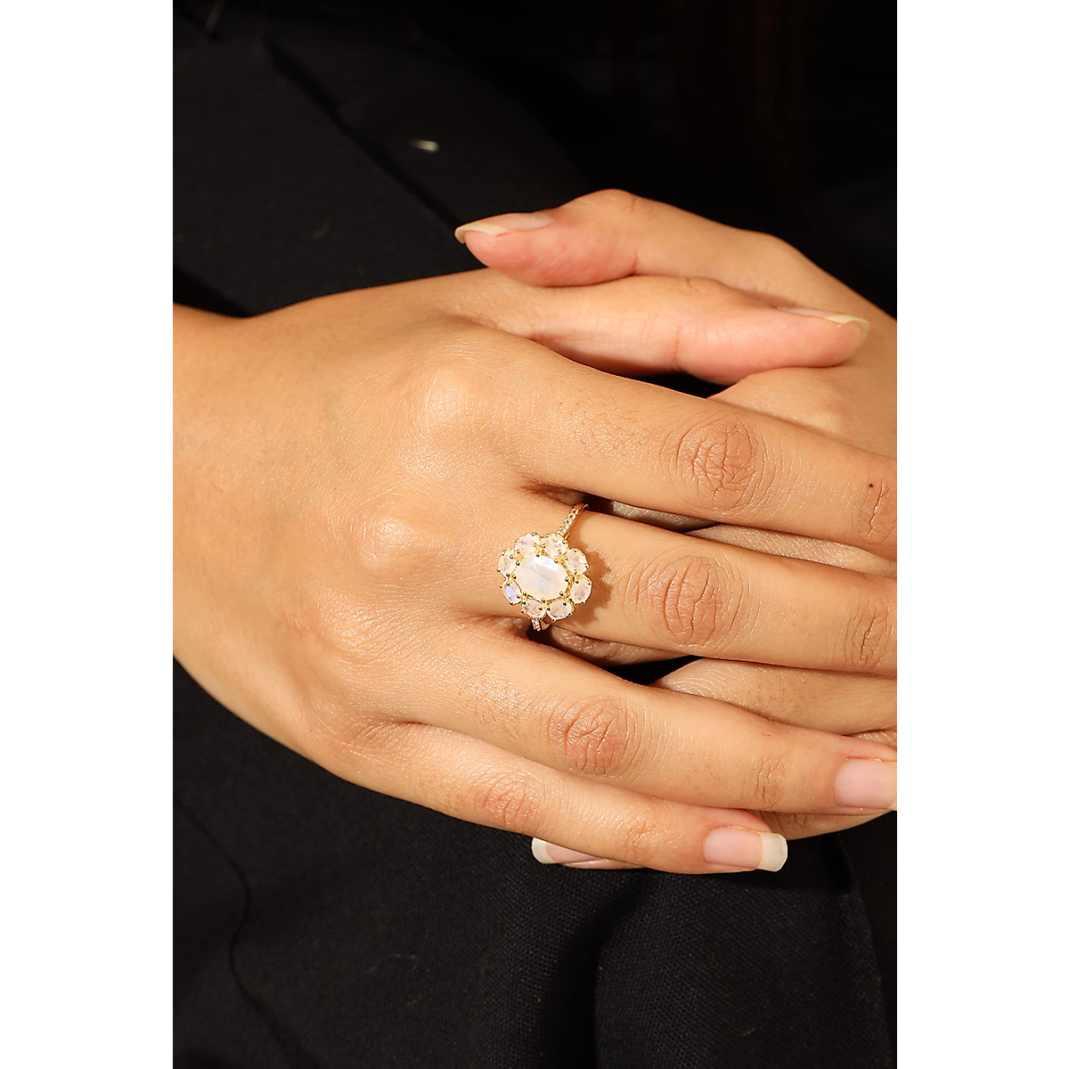 YoTreasure 7x9 MM Rainbow Moonstone & White Topaz 14k Gold Over 925 Silver Ring