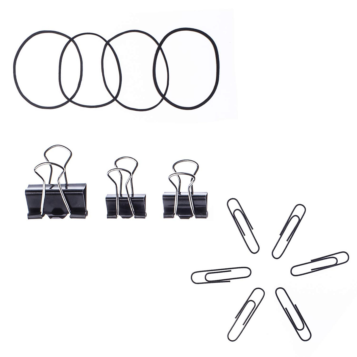 A+DAY 240 pcs Binder Clips, Paper Clips, Rubber Bands, Paper Clamps Assorted Size, Jumbo Paper Clips, Small Paper Clips, Large Binder Clips, Medium Binder Clips, Small Binder Clips (Black)