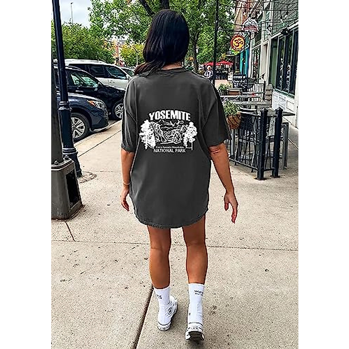 CSDAJIO Women's Letter Print Mushroom Shirt Oversized Graphic Tee Crewneck Short Sleeve T Shirt Back Yosemi Grey X-Large