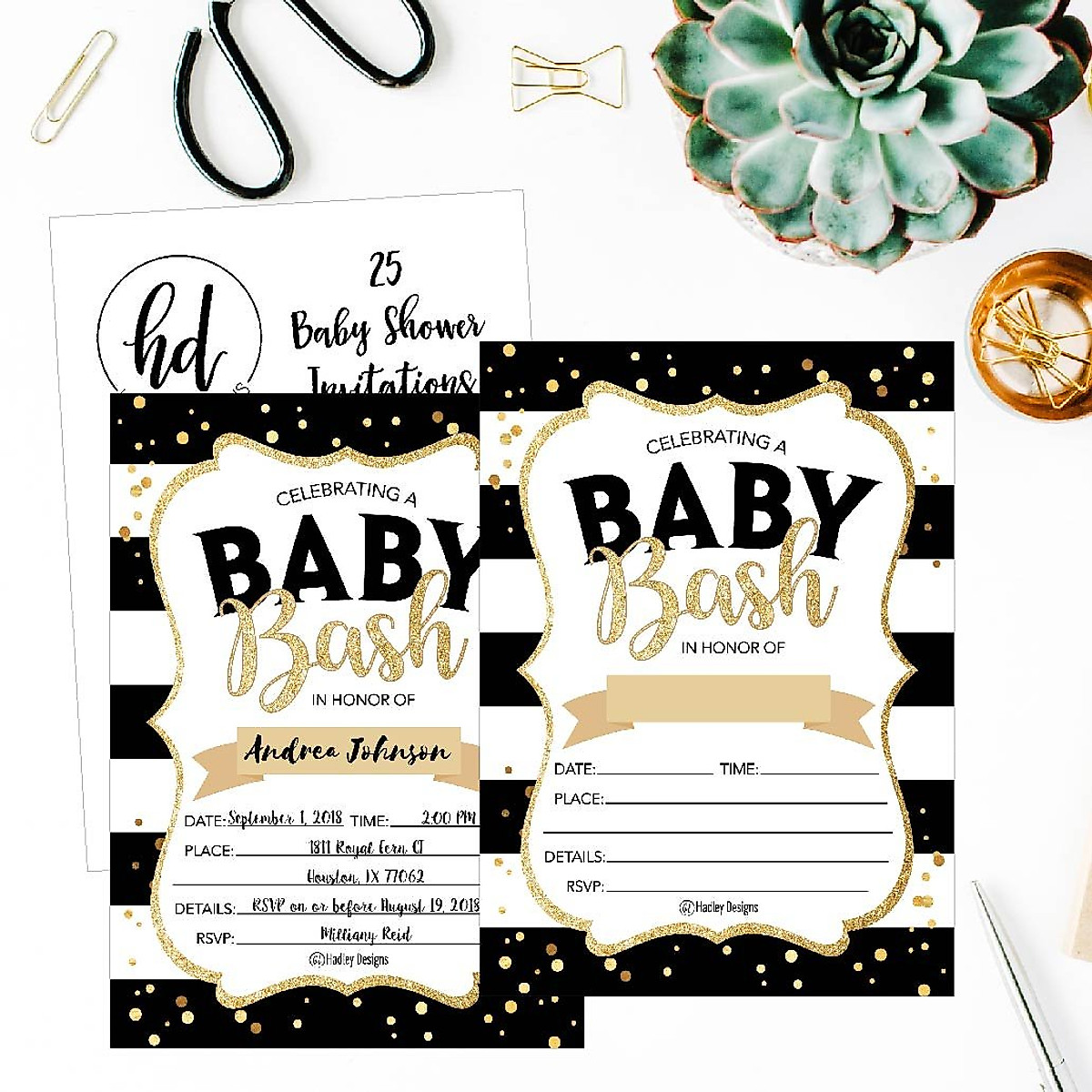 Hadley Designs - Black Gold Bash Baby Shower Invitations, Printable Shabby Chic Unique Custom Vintage Coed Twin Sprinkle Party Card Stock Paper Supplies - 25 Set