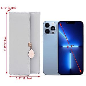 UTO RFID Wallet for Women PU Leather Leaf Pendant Card Holder Phone Checkbook Organizer Zipper Coin Purse Ace Large Grey