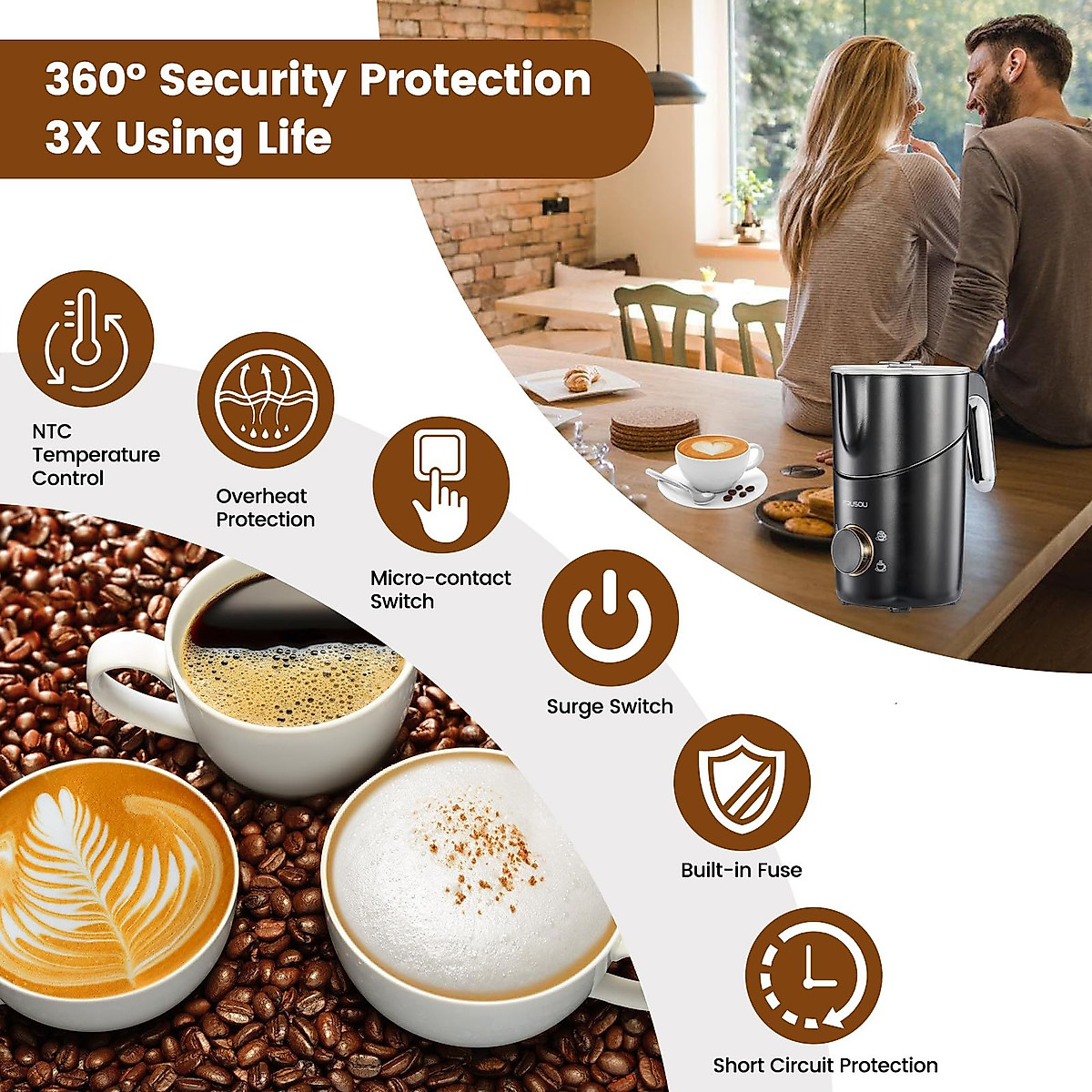 iTRUSOU Milk Frother and Steamer, 8-in-1 Electric milk frother, Automatic Hot and Cold Foam Maker for Coffee, Stainless Steel Milk Warmer Dishwasher Safe (Black)