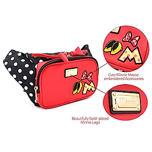 Minnie Ribbon Travel Bow Fanny Pack Crossbody Chest Waist Bum Sling Hip Belt Weekender Bag Cute Mouse Ear Faux Leather Purse Accessories Gift for Women Adult, Officially Licensed (Large)