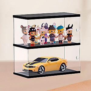 Clear Acrylic Display Case for Mini Funko Pop Figures with Light, 2 Layer Storage Cabinet Shelf Showcase for Toys Mini Figures Collectibles Rock Stone Crystals, Wooden Black Finish 10.2x4.7x11.4inch