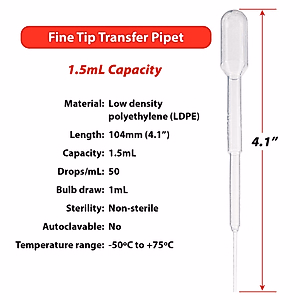 Globe Scientific 134020-400 LDPE Fine Tip Transfer Pipet, Non-Sterile, 104mm Length, 1.5mL Capacity (Box of 400)