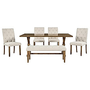Goohome 6-Piece Farmhouse Kitchen Dining Set, Mid-Century Wood Rectangular Table, 4 Flannelette Upholstered Chairs and Bench Family Furniture, for Home, Apartment, Walnut