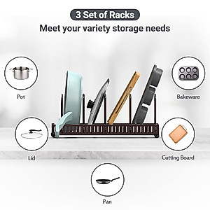 Puricon (3 Set) Pot Rack Pan Lid Organizer with 15 Adjustable Dividers, Pot Lid Skillet Griddle Cutting Board Baking Pan Holder, Cookware Rack for Kitchen Cabinet Cupboard Pantry Storage -Bronze