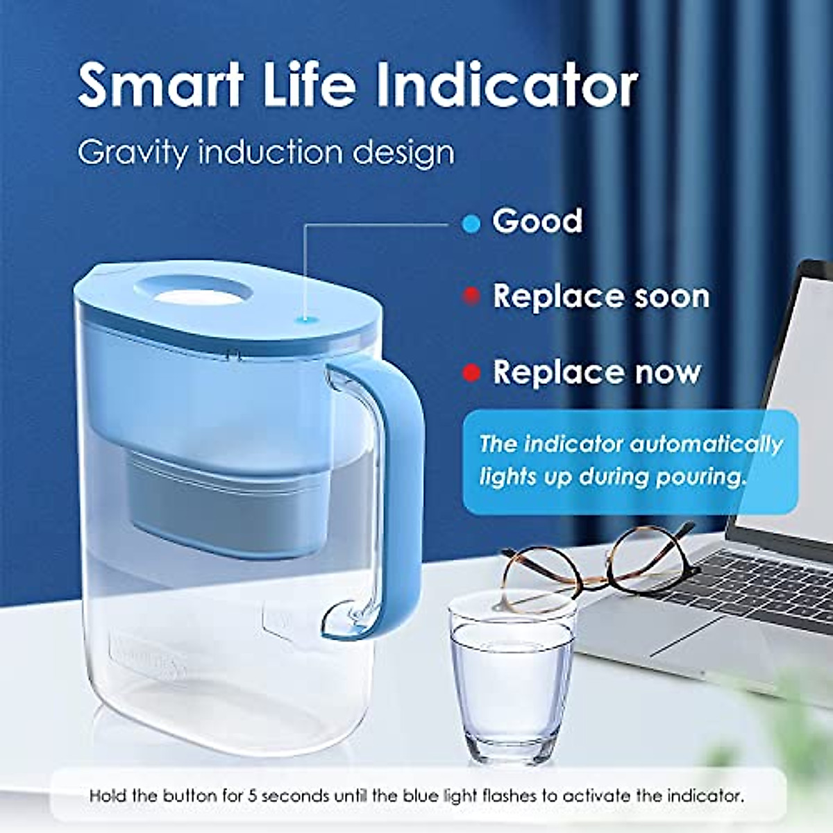 Waterdrop 200-Gallon Long-Life Lucid 10-Cup Water Filter Pitcher, NSF Certified, 5X Times Lifetime, Reduces PFAS, PFOA/PFOS, Chlorine, BPA Free, Blue