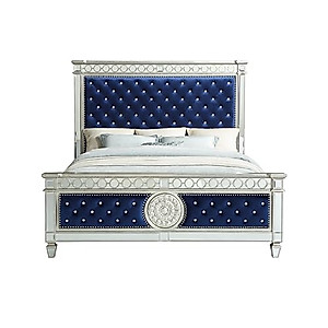 Acme Varian Queen Upholstered Panel Bed in Blue Velvet and Mirrored