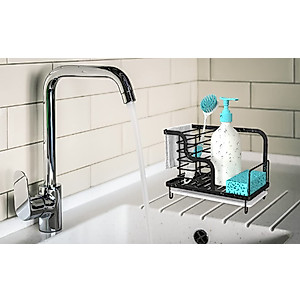 Kitchen Sink Caddy Sponge Holder 304 Stainless Steel Sink Caddy with Drip Tray for Sponge, Brushes, Soap, Dish Rag, Black