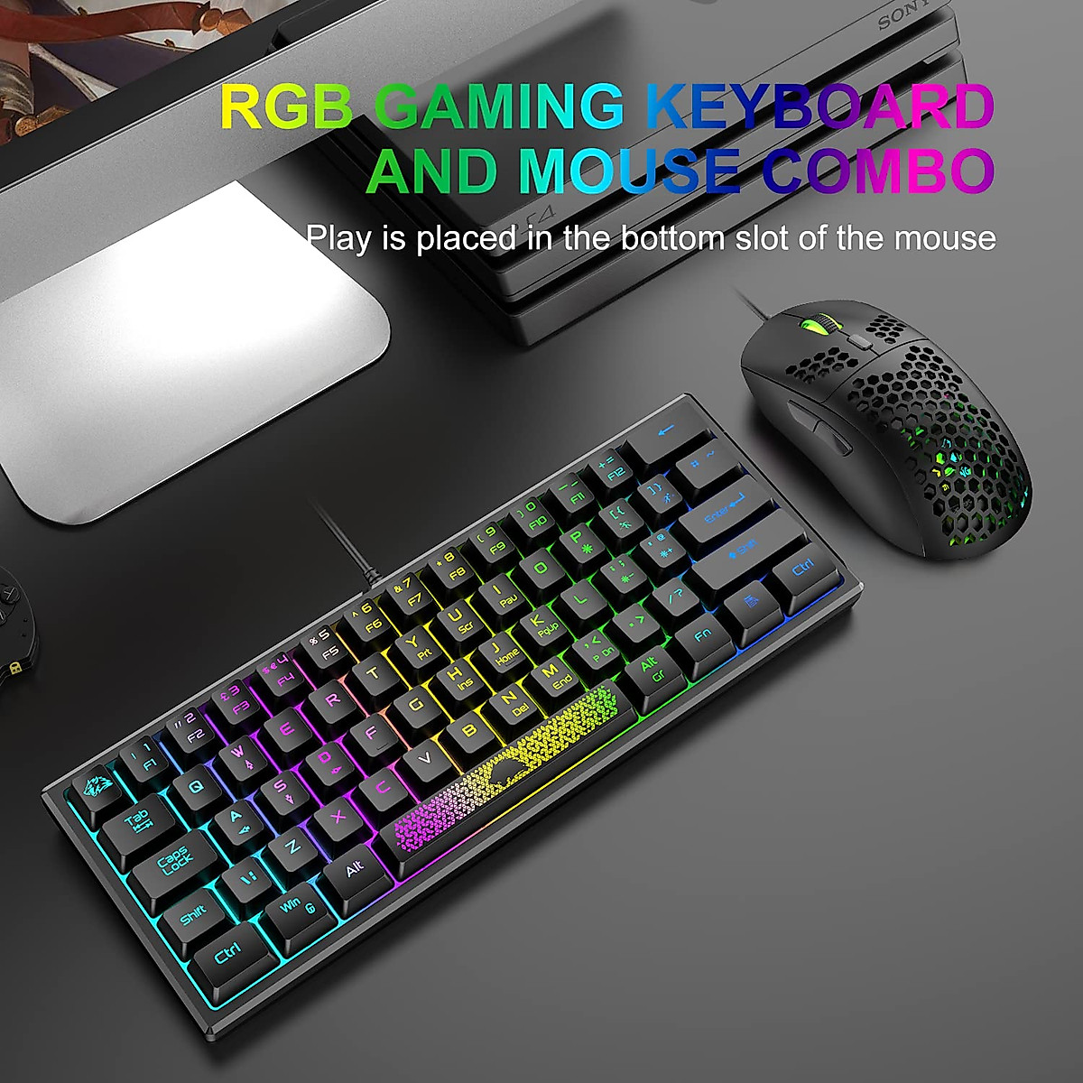 60% Wired Gaming Keyboard and Mouse Combo,Compact RGB Backlit Mini Mechanical Feel Keyboard Converter Adapter,RGB 6400 DPI Lightweight Gaming Honeycomb Shell Mouse for Xbox,PC,Laptop,MAC
