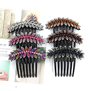 inSowni 6 Pack Luxury Glitter Sparkly Gems Rhinestones Crystals leaf Black Plastic Decorative Hair Side Combs French Twist Slides with Long Teeth Hair Bun Updo Accessories Hairpins Barrettes Clips for