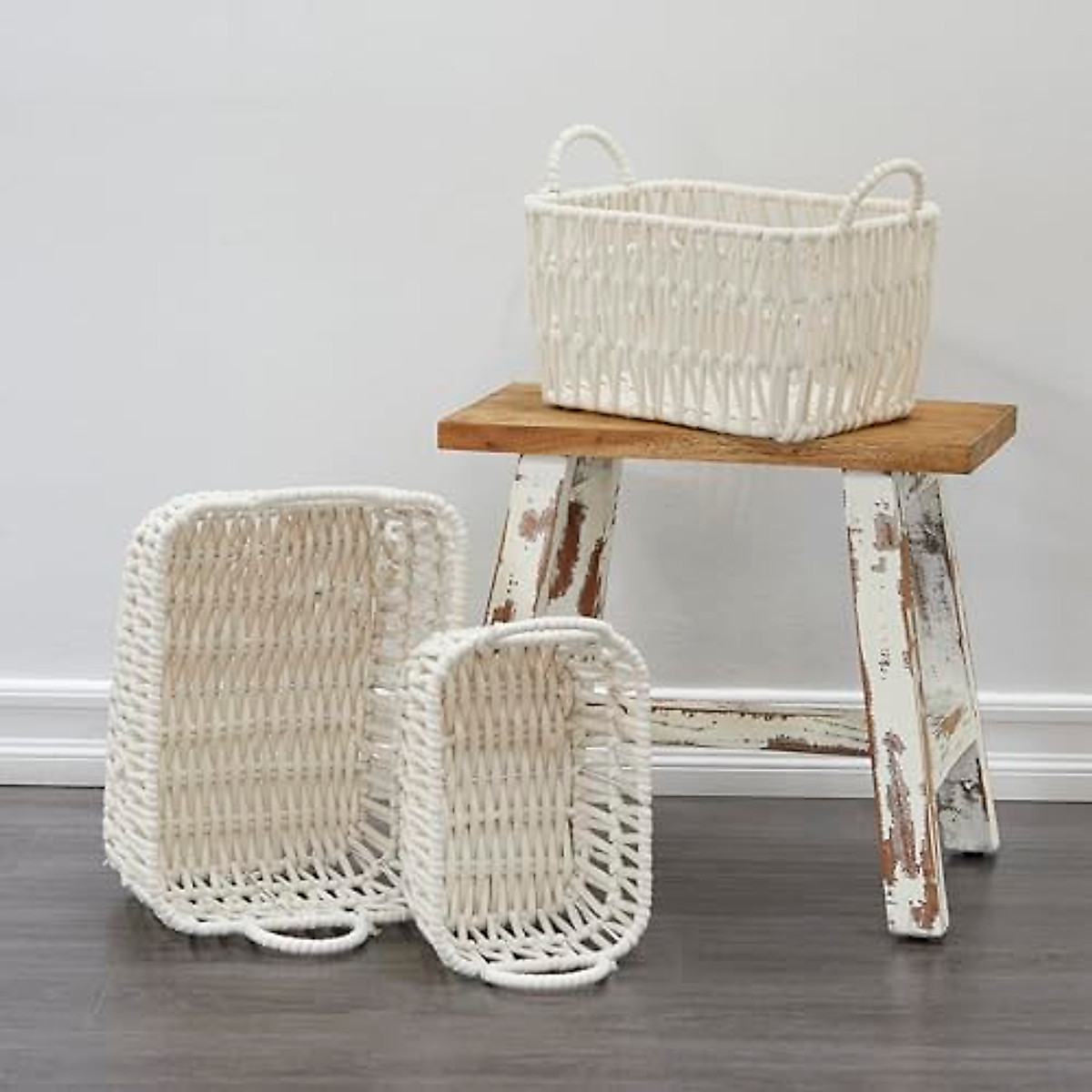 CosmoLiving by Cosmopolitan Cotton Fabric Handmade Storage Basket with Handles, Set of 3 11", 10", 9"H, White