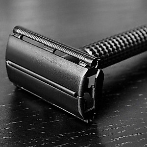 QSHAVE Double Edge 4 inch Long Handle Safety Razor for Men or Women Twist Butterfly Open Matte Black Steel Coating (1 Razor + 5 pcs Titanium Coated Blades + Leather Travel Case)