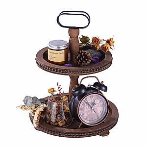 Urban Deco Wooden Decorative Tray Two Tiered Tray Decorations Round Serving Tray with Metal Handle, Wooden Cupcake Stand for Party Tiered Dessert Stand - Dark Brown Farmhouse Wooden Tray