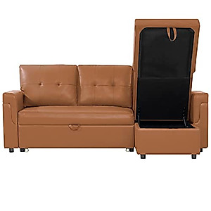 Perry Modern Sectional Sleeper Sofa with Pull Out Bed, Reversible Sleeper Sectional Sofa Bed, Best Sleeper Sofa Couch with 168L Storage, L-Shape Pull Out Couch Bed Sleeper Sofa - Caramel,Air Leather