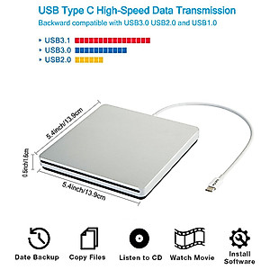 VikTck USB-C Superdrive External DVD/CD Reader and DVD/CD Burner for Apple-MacBook Air/Pro/iMac/Mini/MacBook Pro/ASUS/ASUS/DELL Latitude with USB-C Port Plug and Play(Silver)