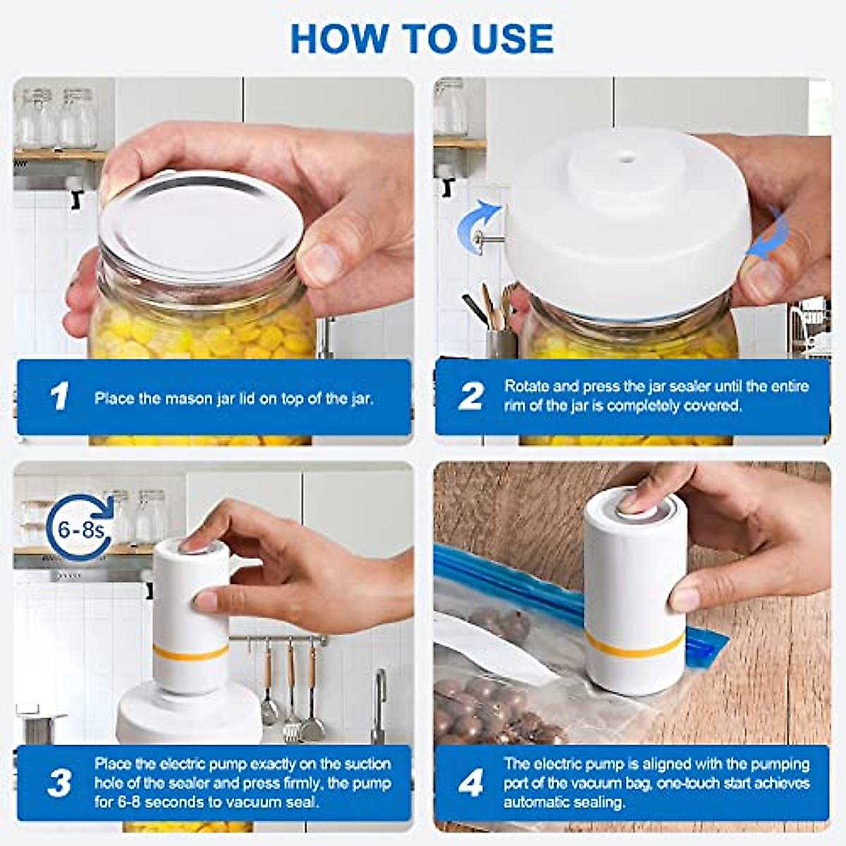 COOKEY Electric Mason Jar Vacuum Sealer, Food Vacuum Saver Can Sealer Pump Kit Compatible with FoodSaver Vacuum Sealer, Attachment Kit for Wide & Regular Mouth Mason Jars, with Electric Vacuum Pump and Lid Opener