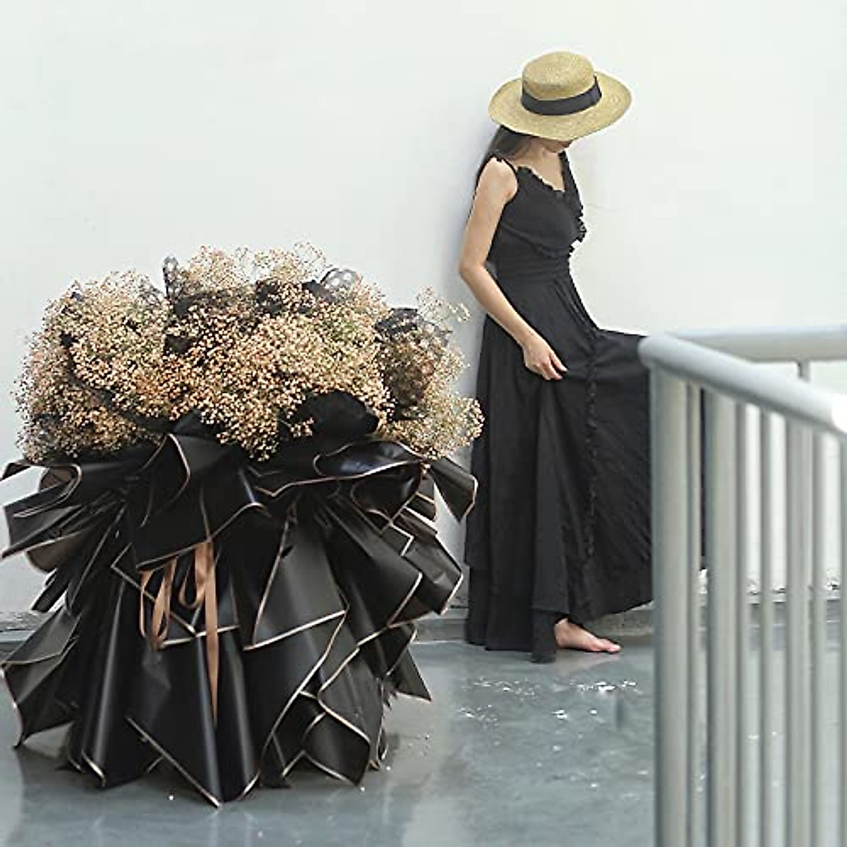 20 Sheets Pure color gold edge Flower Wrapping Paper,Florist Bouquet Supplies,DIY Crafts,Gift Packaging or Gift Box Packaging, Wraps Waterproof Floral Wrapping Paper 22.8x22.8Inch (Dark night black)