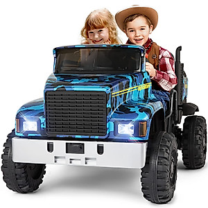 JOYLDIAS 2 Seater Ride On Car, 24V Battery-Powered Dump Truck, Ride On Toy with Dump Bed, Dual Motors, 4 Large Wheels, 2.4G Remote Control, 3 Speeds, Bluetooth, Camo Blue
