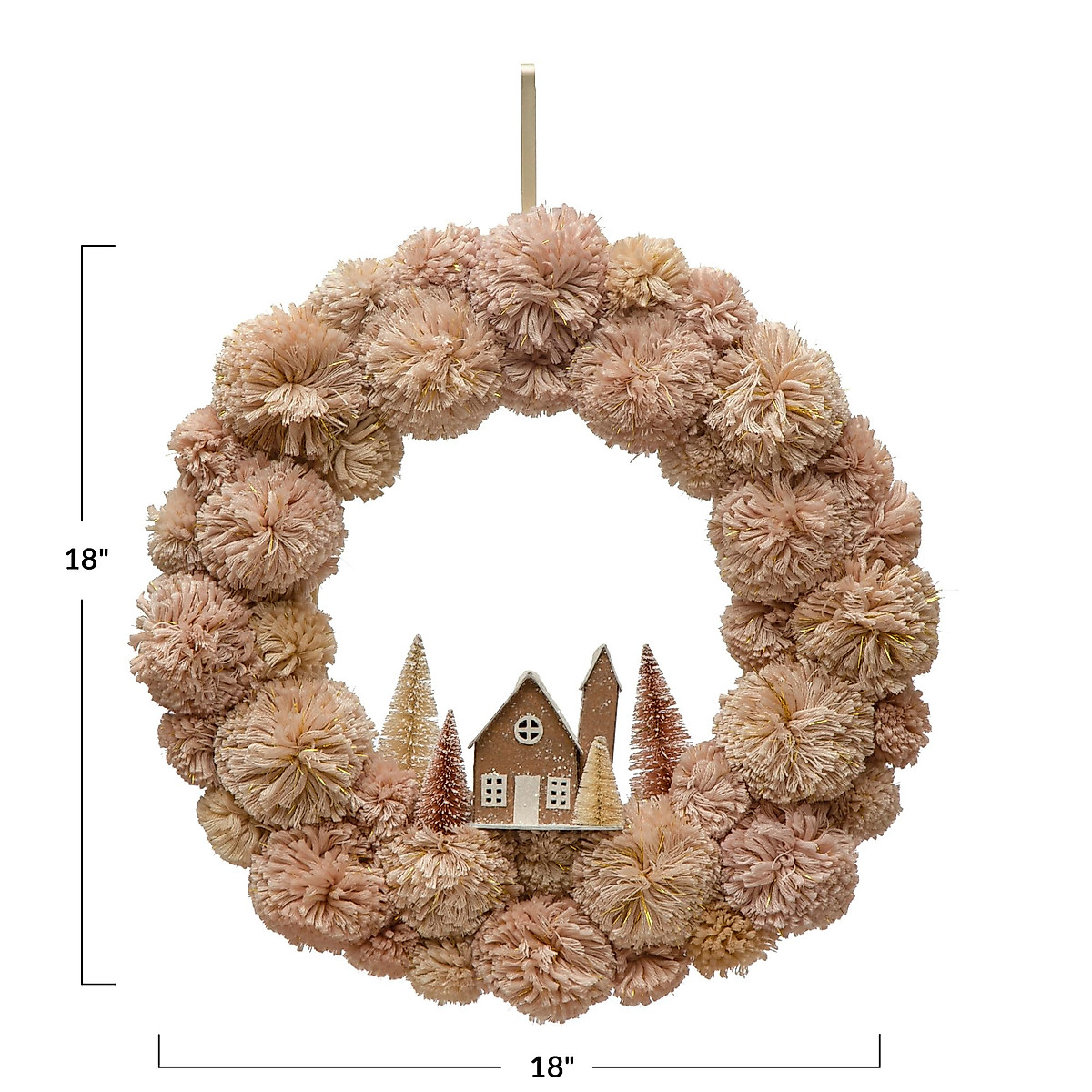 Creative Co-Op Round Pom Pom Wreath with Sisal Bottle Brush Trees and Paper House, Pink