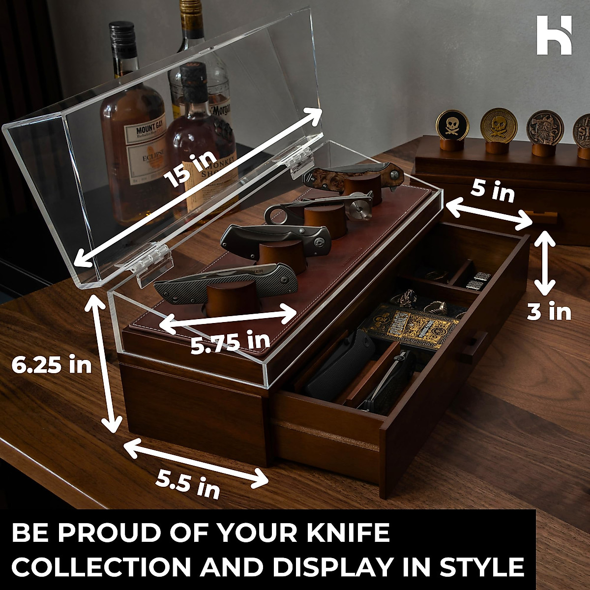 Pocket Knife Display Case EDC Case – Pocket Knife Storage Case and Knife Display Stand – Pocket Knife Case and Pocket Knife Organizer – Knife Cases For Collections - Gift For Men Husband Dad - Walnut