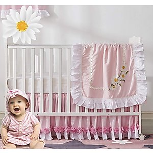 Brandream Crib Bedding Set for Girls Pink Princess Nursery Bedding 3 Pc Sweet Daisy Ruffle Blanket, 100% Cotton