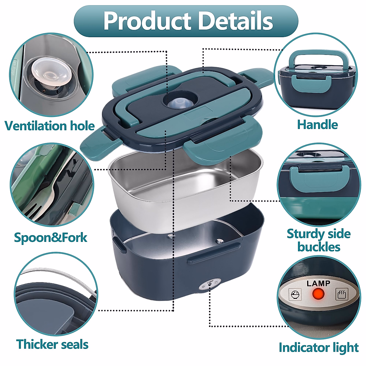 XSWPL Electric Lunch Box Heated Lunch Box 80W Electric Lunch Box for Adults 12/24/110V Lonchera Eléctrica 304 Stainless Portable Lunch Box Warmer for Office/Car/Truck(1.5L)
