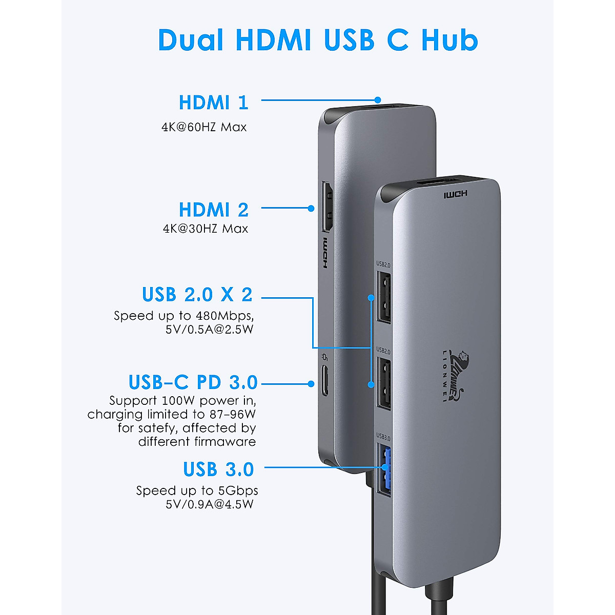 USB C Docking Station Dual HDMI, USB C to Dual Monitors Adapter to Dual 4K HDMI, 3 USB, PD Charging Port, LIONWEI USB C Hub Dual Monitor for Dell XPS 13/15, Lenovo Yoga, HP x360 /Elitebook, etc