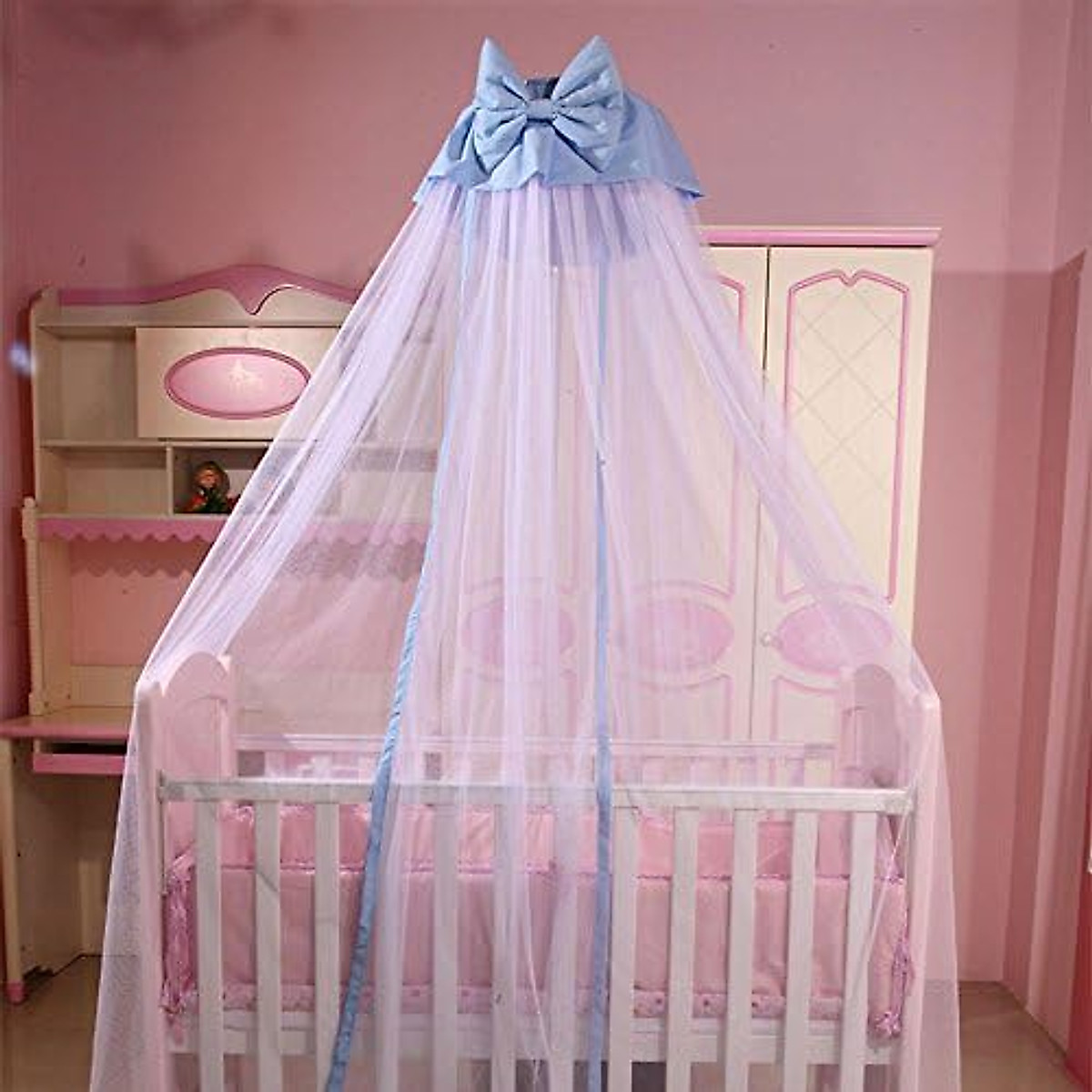RuiHome Dome Style Hanging Baby Mosquito Net Nursery Bed Canopy with Blue Bowknot Decor, Netting with Holder Stand