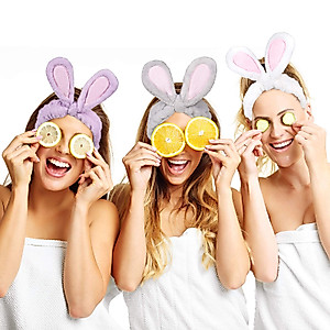 Whaline 4 Pack Easter Bunny Makeup Headband Rabbit Ear Spa Hair Band Coral Fleece Elastic Head Wrap Stretchy Headband for Party Face Washing Beauty Shower Women Girls (Blue, White, Gray, Purple)