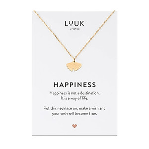 LUUK LIFESTYLE Necklace for women with ginkgo leaf pendant and HAPPINESS gift card, modern and minimalist fashion accessory, jewelry for everyday wear, good luck charm, zen yoga gift, gold