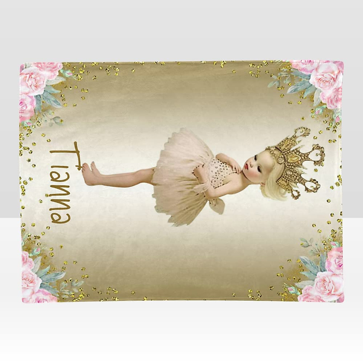 XOZOTY Personalized Golden Hat Girl Pink Flowers Golden Baby Blanket with Name Custom Baby Nursery Throw Fleece Blankets for Boys and Girls Birthday Tapestry 30 X 40inch